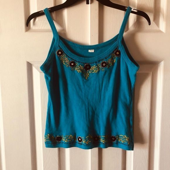 Tops | 62 Turquoise Tank Top W Mirrored Floral Design Size L | Poshmark